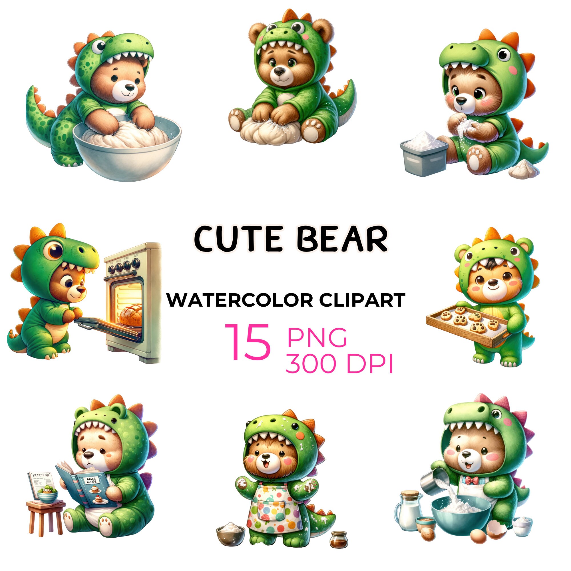 Crocodile Costume Bear Clipart - Whimsical Watercolor Bears in Dino ...