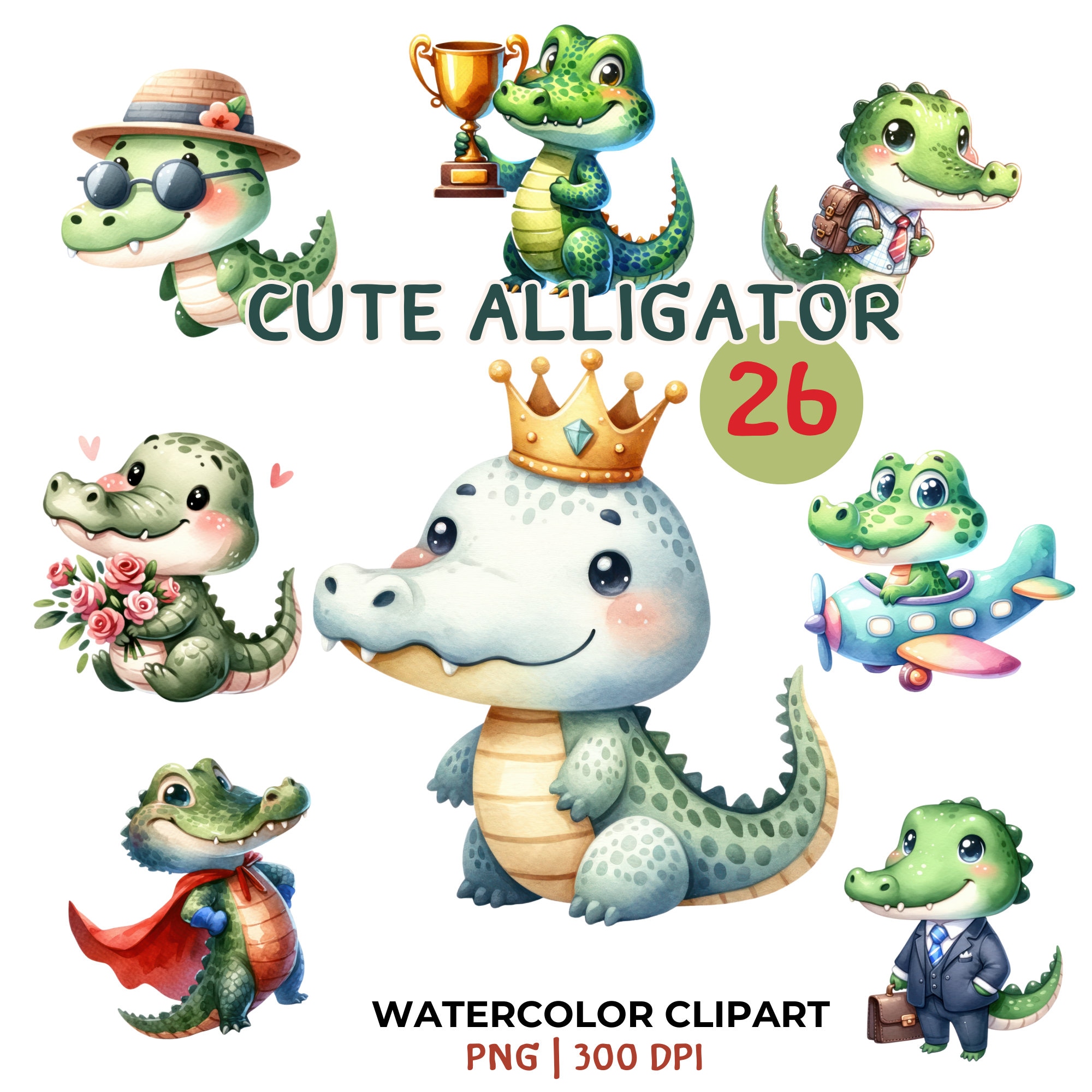 Adorable Alligator Watercolor Clipart Collection - 26 PNG Images for ...