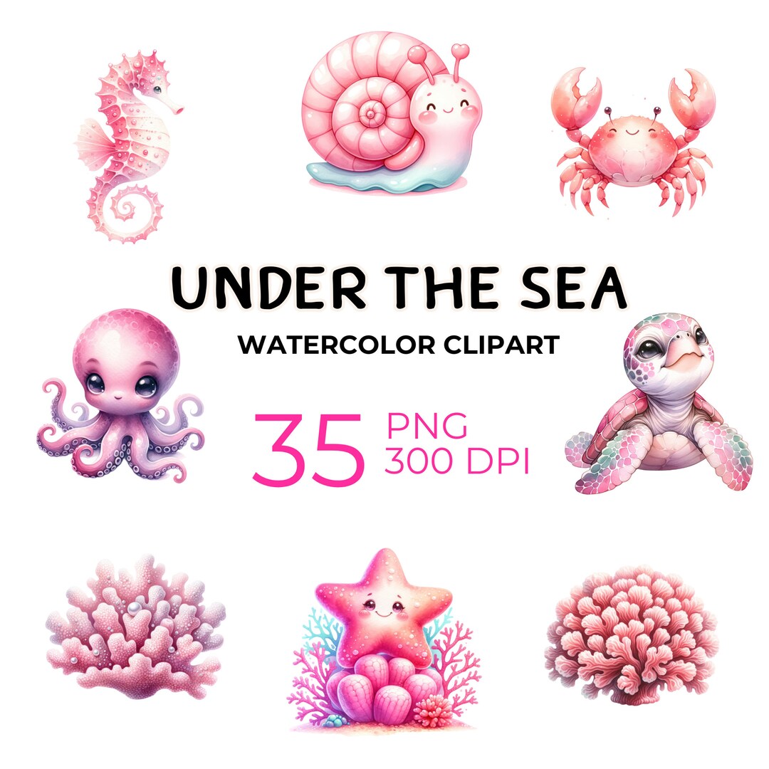 Ocean Friends Clipart Collection 35 Watercolor Marine Life Pngs for ...
