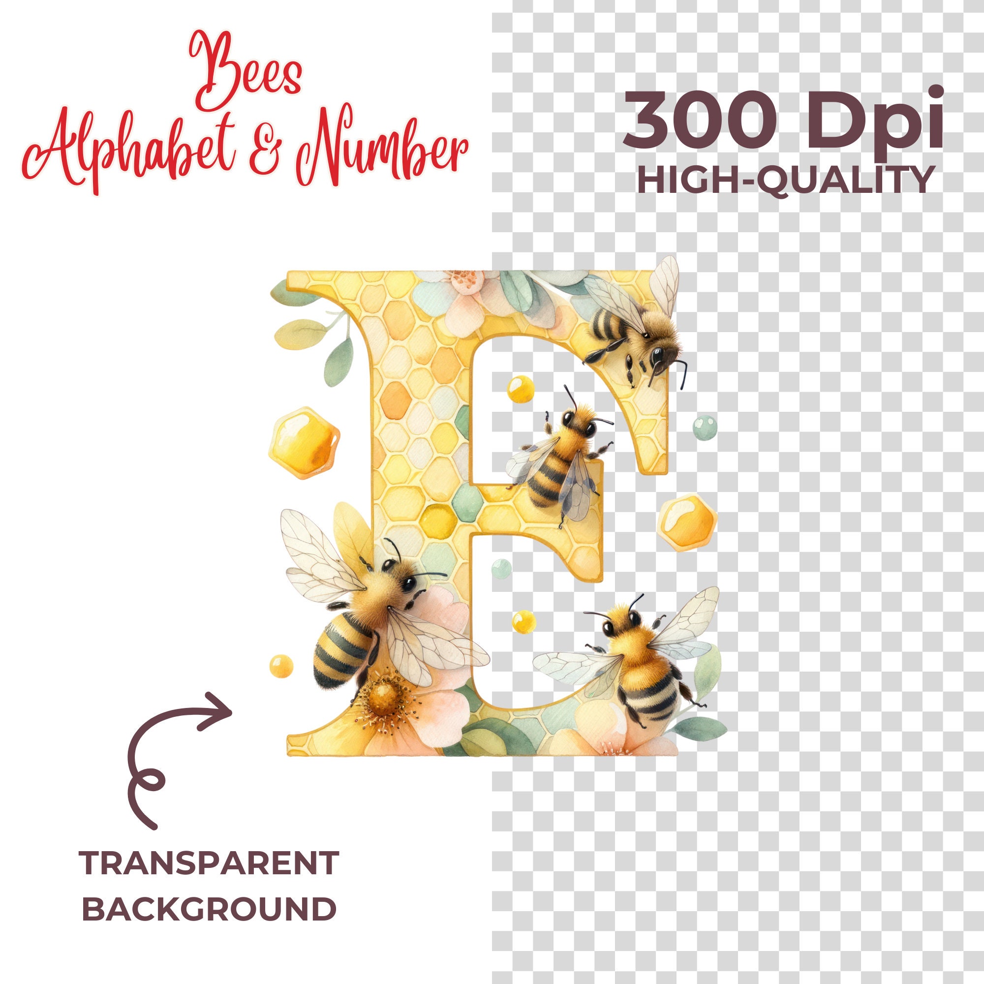 Bee-themed Alphabet and Numbers Clipart Set Watercolor ABC and 123 PNG ...