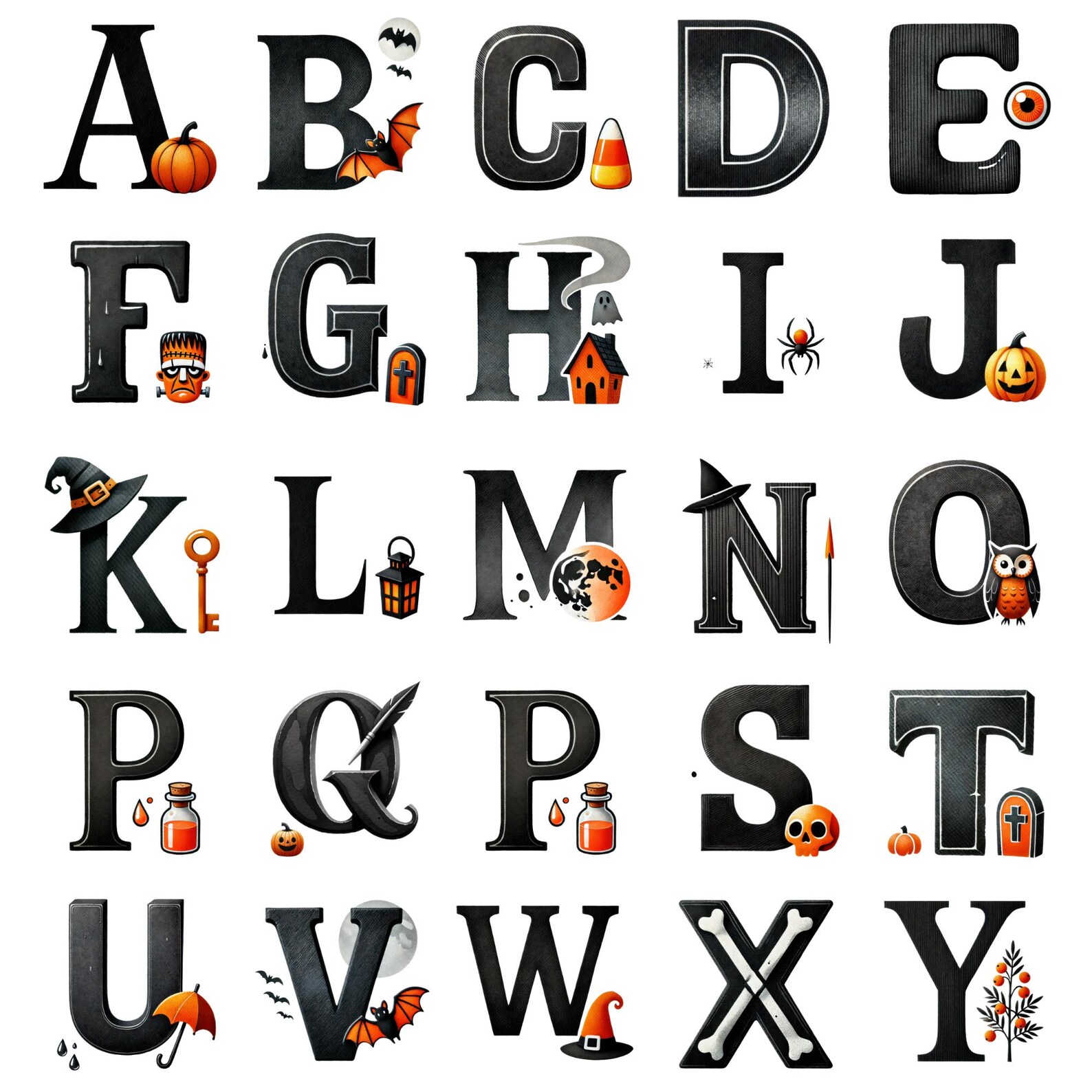 Halloween Alphabet Clipart, Watercolor Letters & Numbers Png,halloween ...