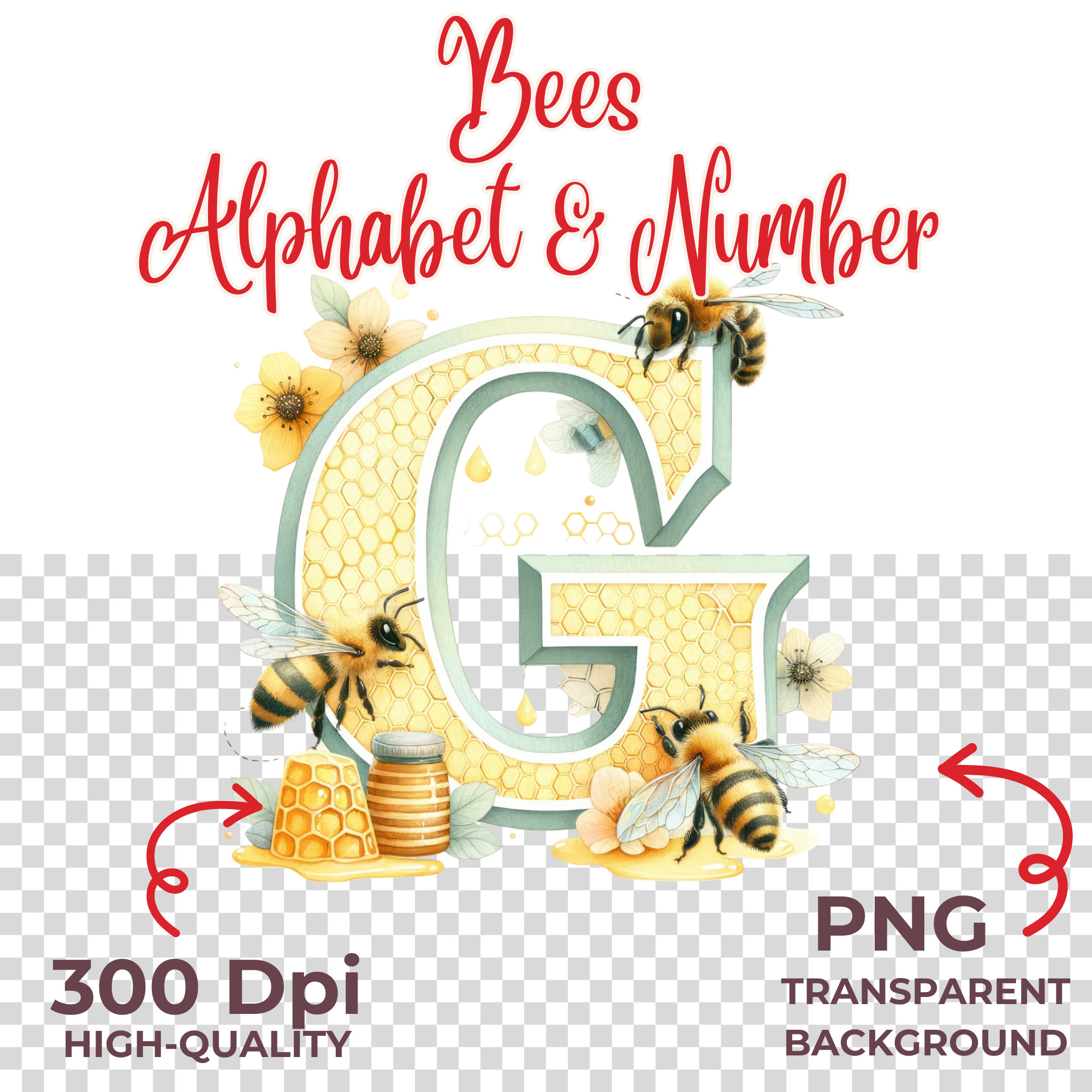Bee-themed Alphabet and Numbers Clipart Set Watercolor ABC and 123 PNG ...