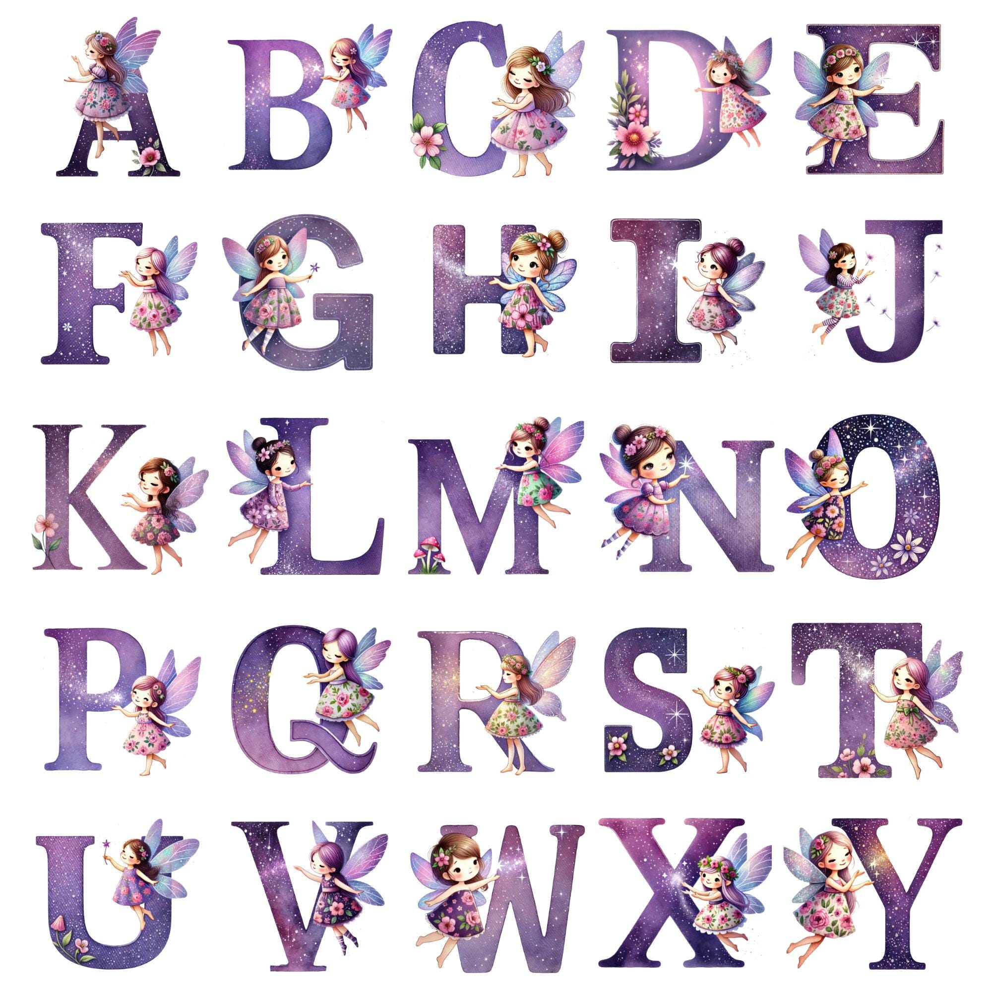 Fairy Alphabet Watercolor Clipart: Enchanted Letters & Numbers (digital ...