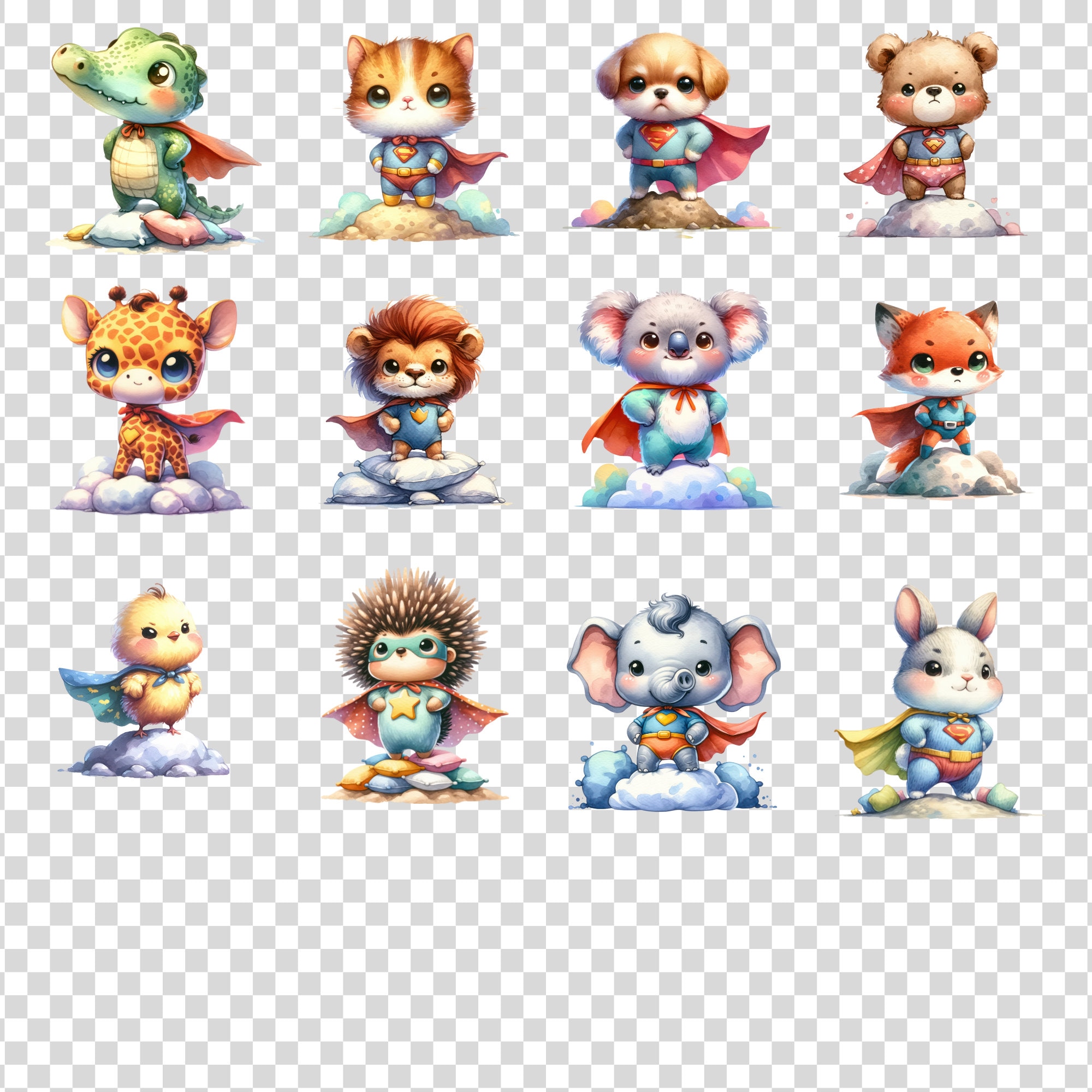 Superhero Animal Clipart - Watercolor Heroic Animals PNG - Kids Party ...