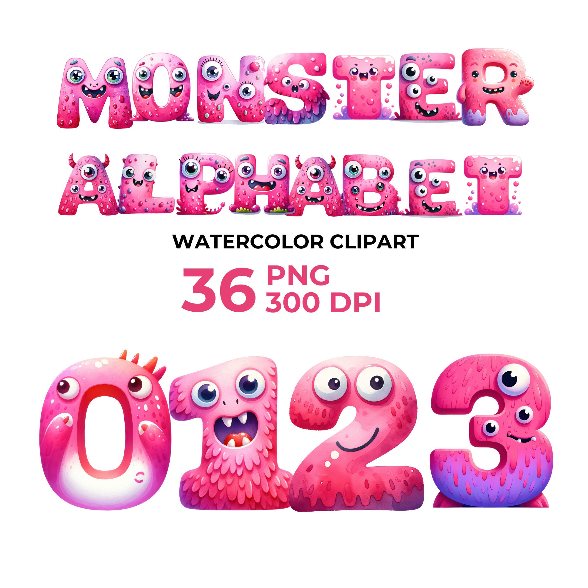 Cute Monster Lettering Clipart Alphabet & Numbers Watercolor Set for ...