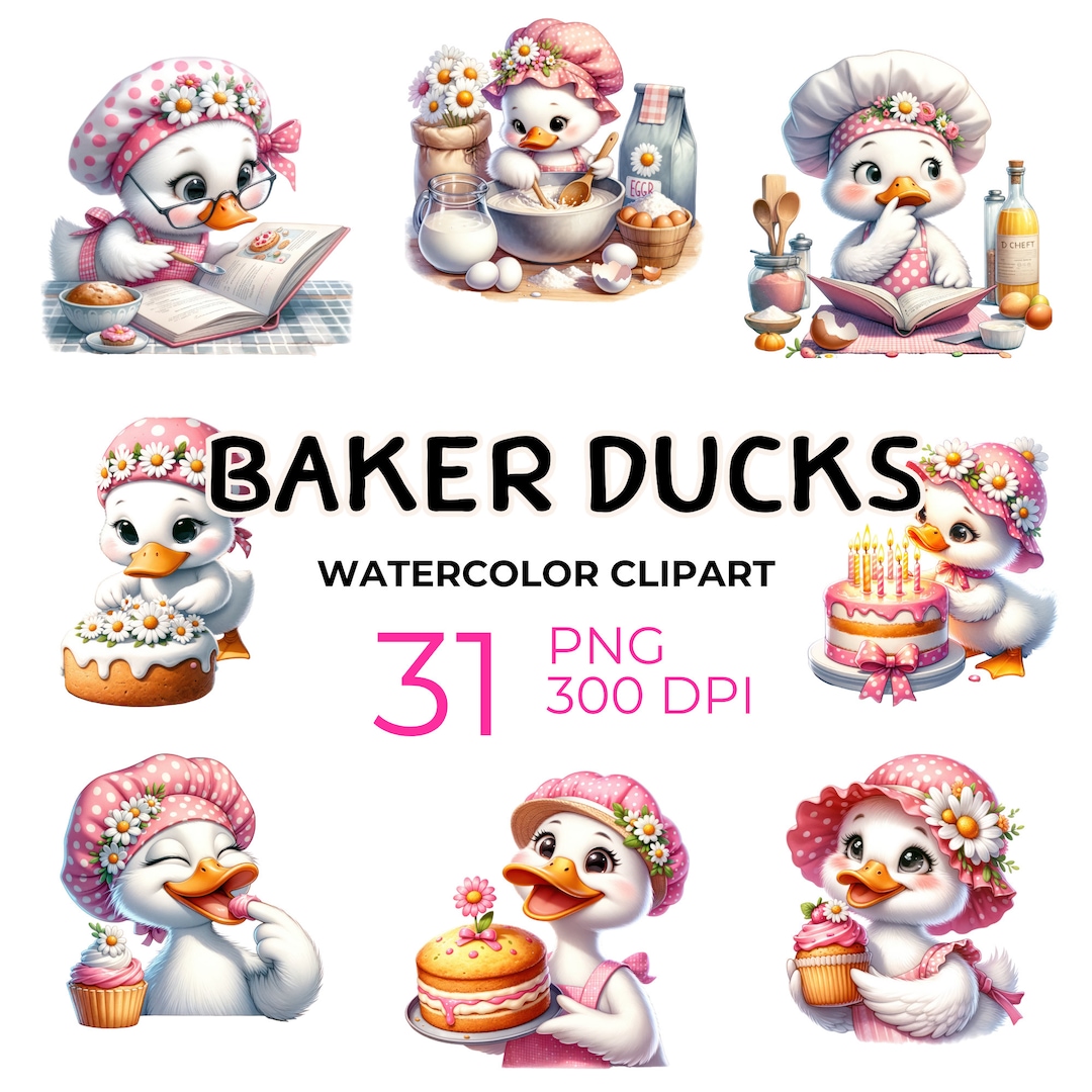 Baker Ducklings Watercolor Clipart - Cute Cooking Ducks Digital Images ...