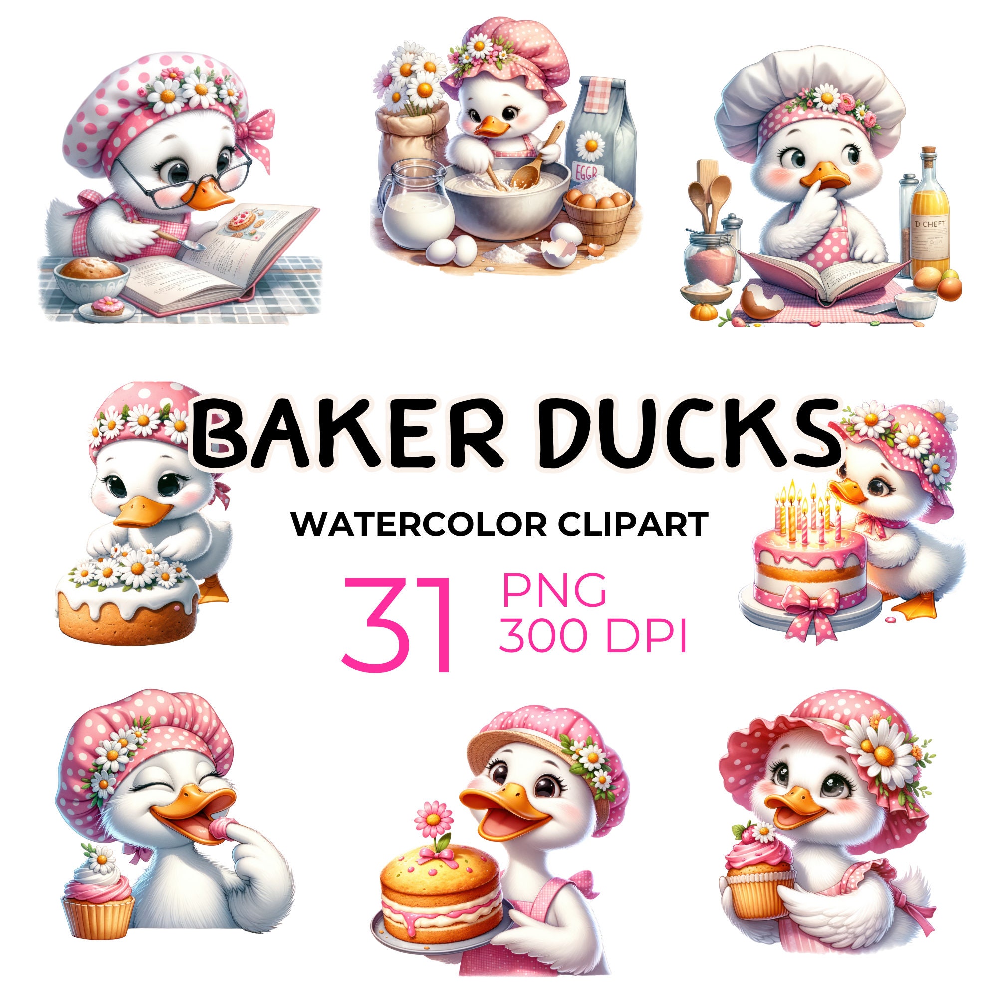 Baker Ducklings Watercolor Clipart Cute Cooking Ducks Digital Images ...
