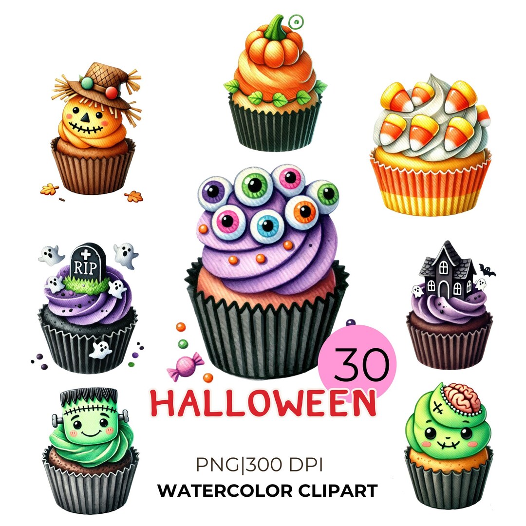 Halloween Cupcake Clipart: Watercolor PNG Set (digital Download) - Etsy
