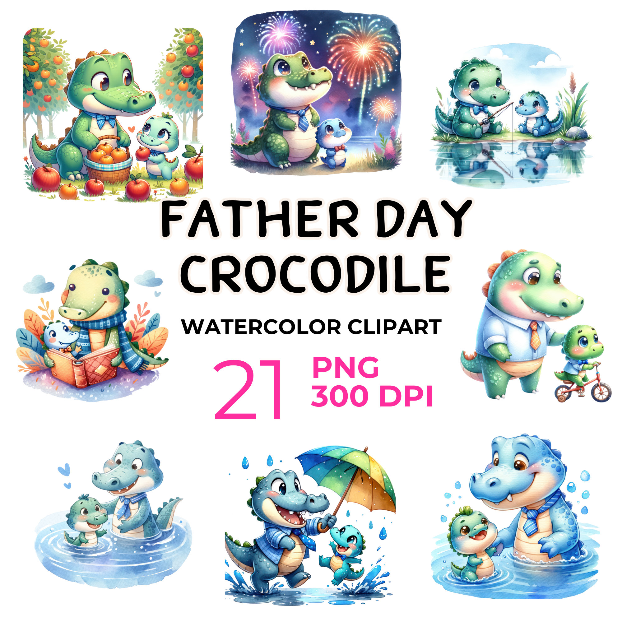 Father's Day Crocodile Clipart Set - Watercolor Dad and Baby Crocodile ...