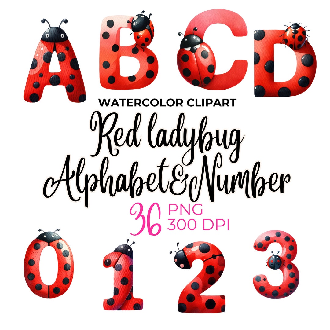 Red Ladybug Alphabet Clipart: Watercolor Letters & Numbers (PNG, 300 ...