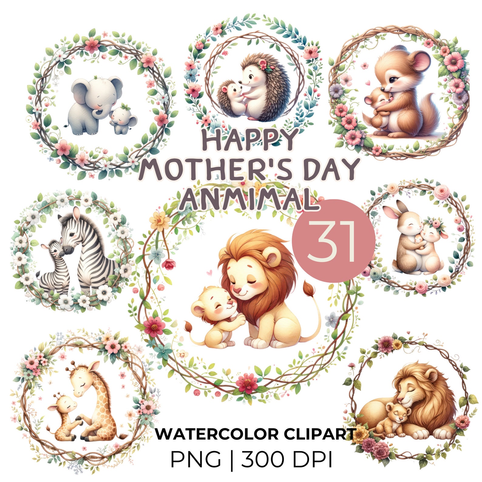 Mom and Baby Animals Clipart Bundle, Watercolor Animal Clipart, Mom and ...
