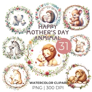 Mom and Baby Animals Clipart Bundle, Watercolor Animal Clipart, Mom and ...