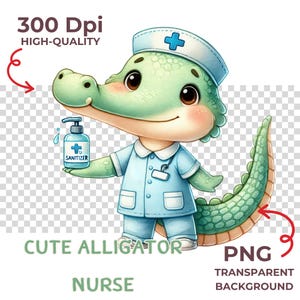 Watercolor Nurse Alligator Clipart Bundle, Medical Animal PNG (digital ...