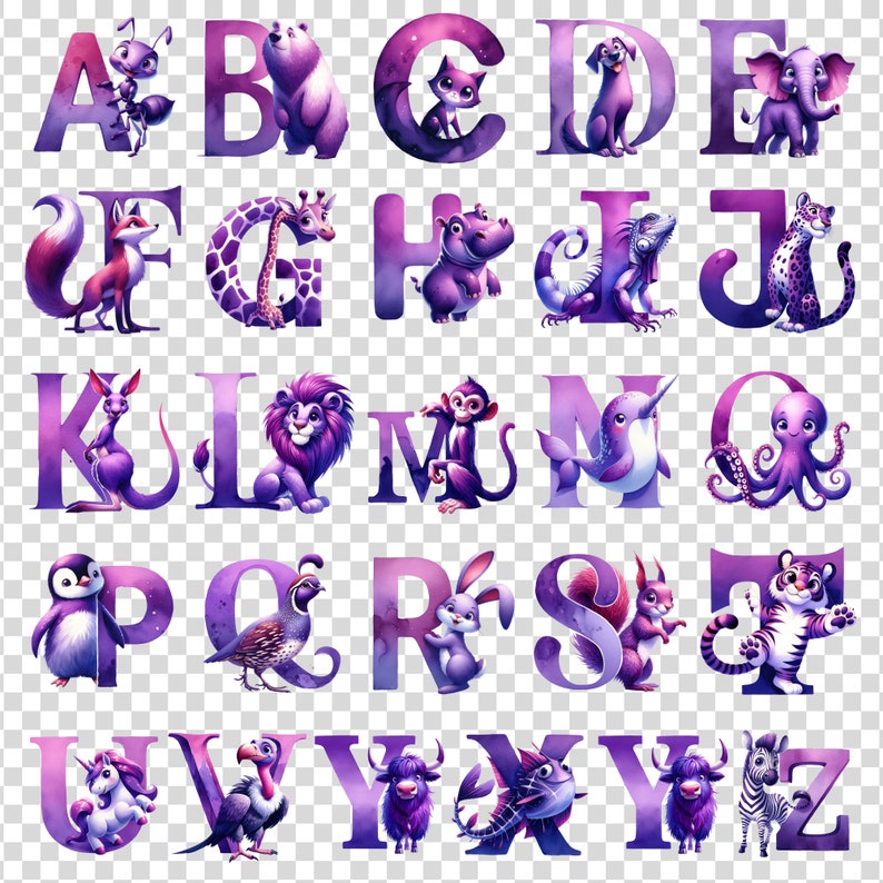 Animal Alphabet Clipart: Transparent PNG Bundle, Nursery Art (digital ...