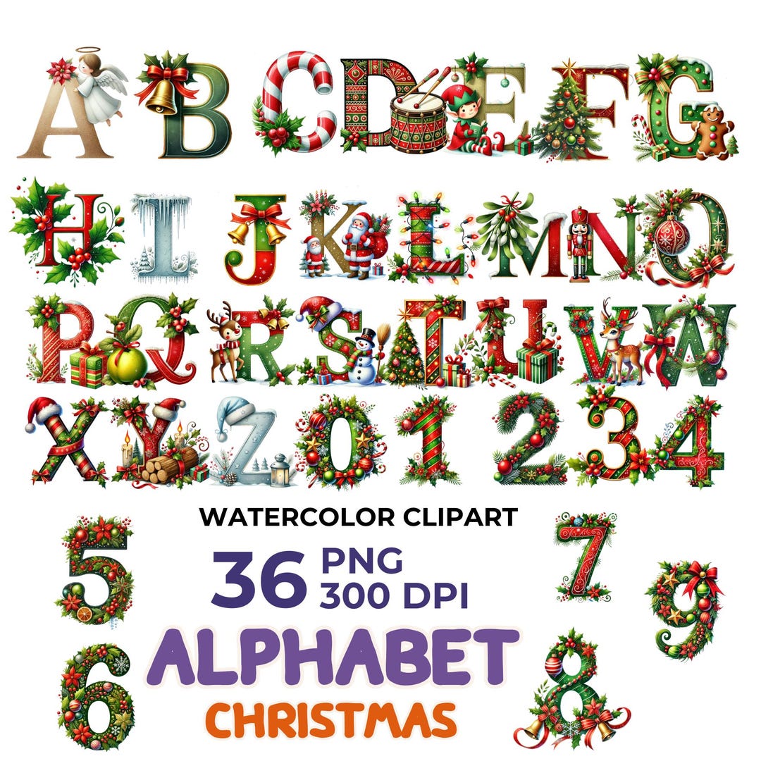 Christmas Watercolor Alphabet Clipart Set - Festive PNG Letters ...