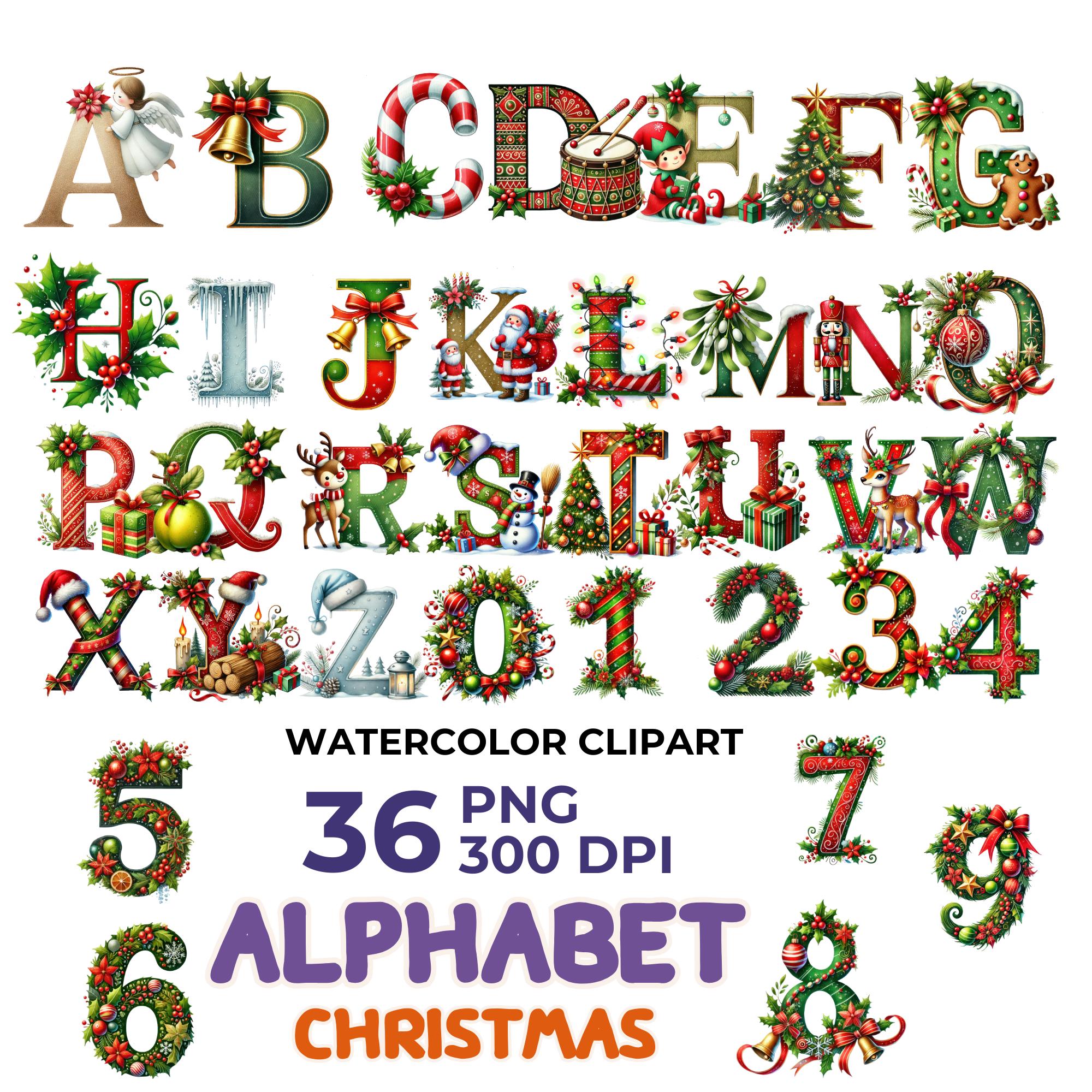Christmas Watercolor Alphabet Clipart: Festive PNG Letters & Numbers ...