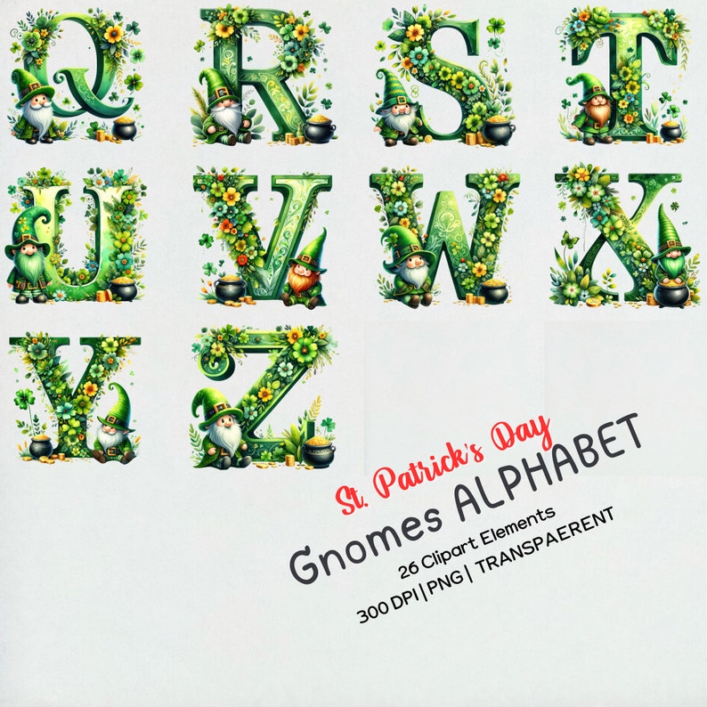 Watercolor Emerald Letters - St. Patrick's Day Gnome Alphabet Clipart ...
