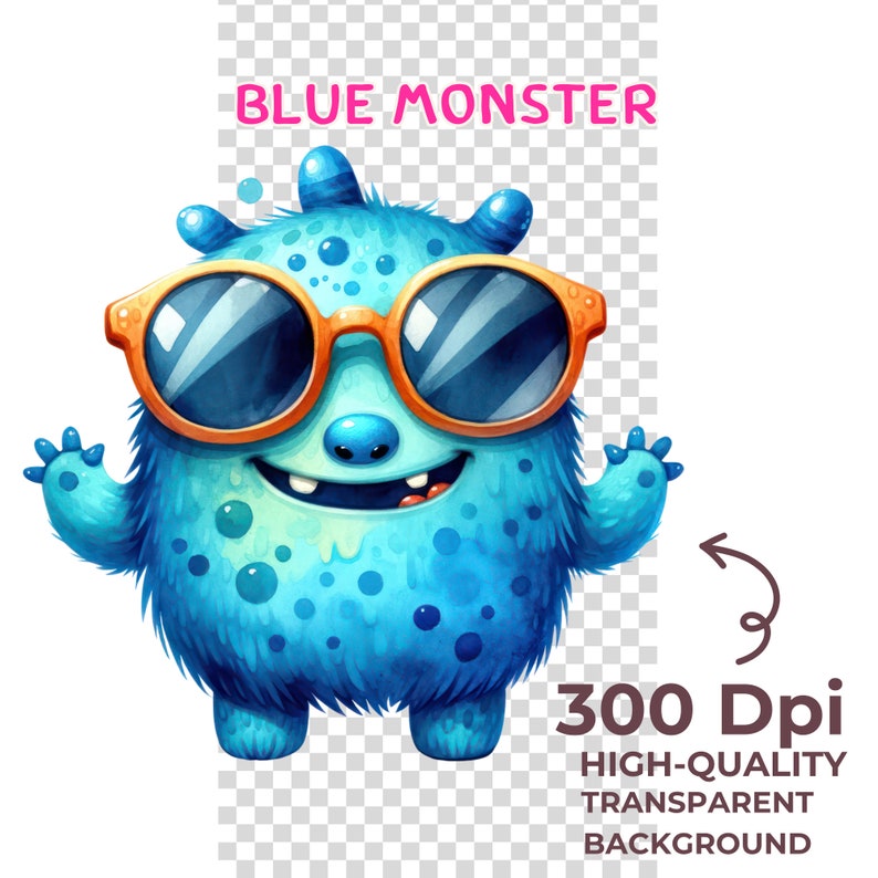 Watercolor Blue Monster Clipart – 40 PNG Images, Kids Illustration ...