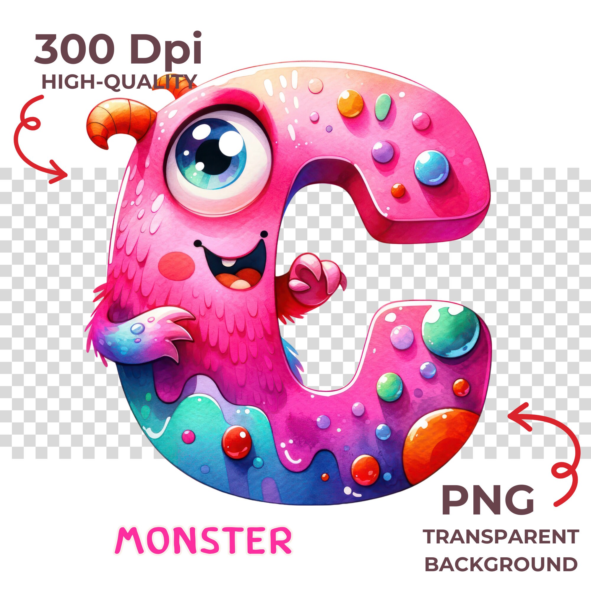 Pink Monster Lettering Clipart Alphabet & Numbers Watercolor Set for ...