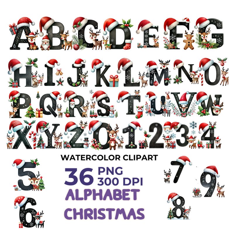 Christmas Alphabet Clipart, 36 PNG Letters & Numbers, Holiday Santa Hat ...