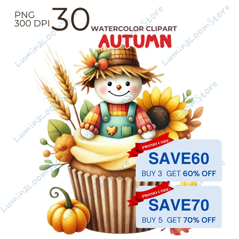 Thanksgiving Cupcake Clipart - Fall Watercolor PNG Files for Crafts ...