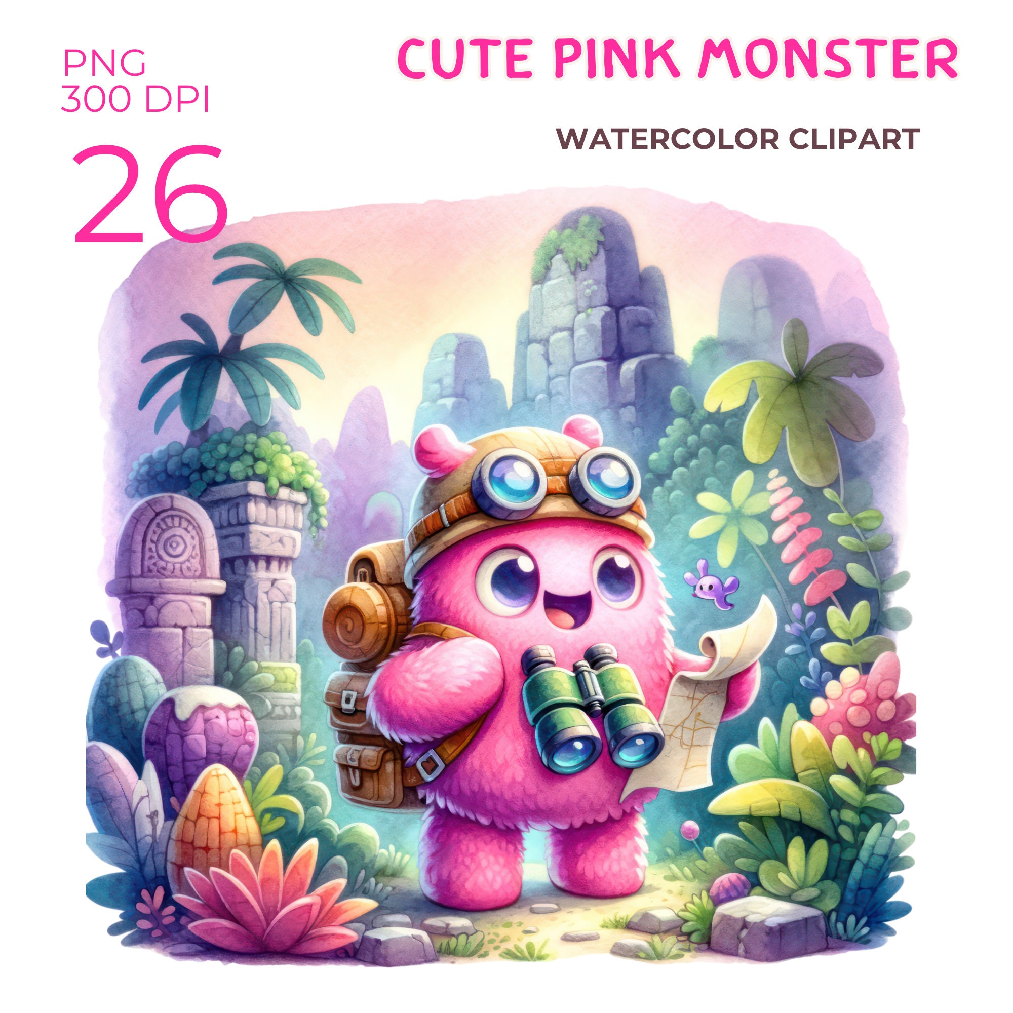 Cute Pink Monsters Watercolor Clipart - 26 PNG Transparent Images ...