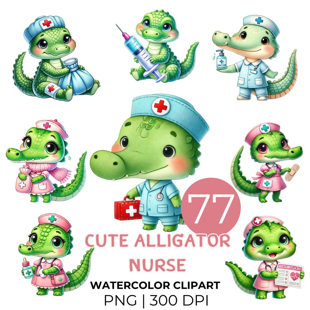 Watercolor Nurse Alligator Clipart Bundle, Medical Animal PNG (digital ...