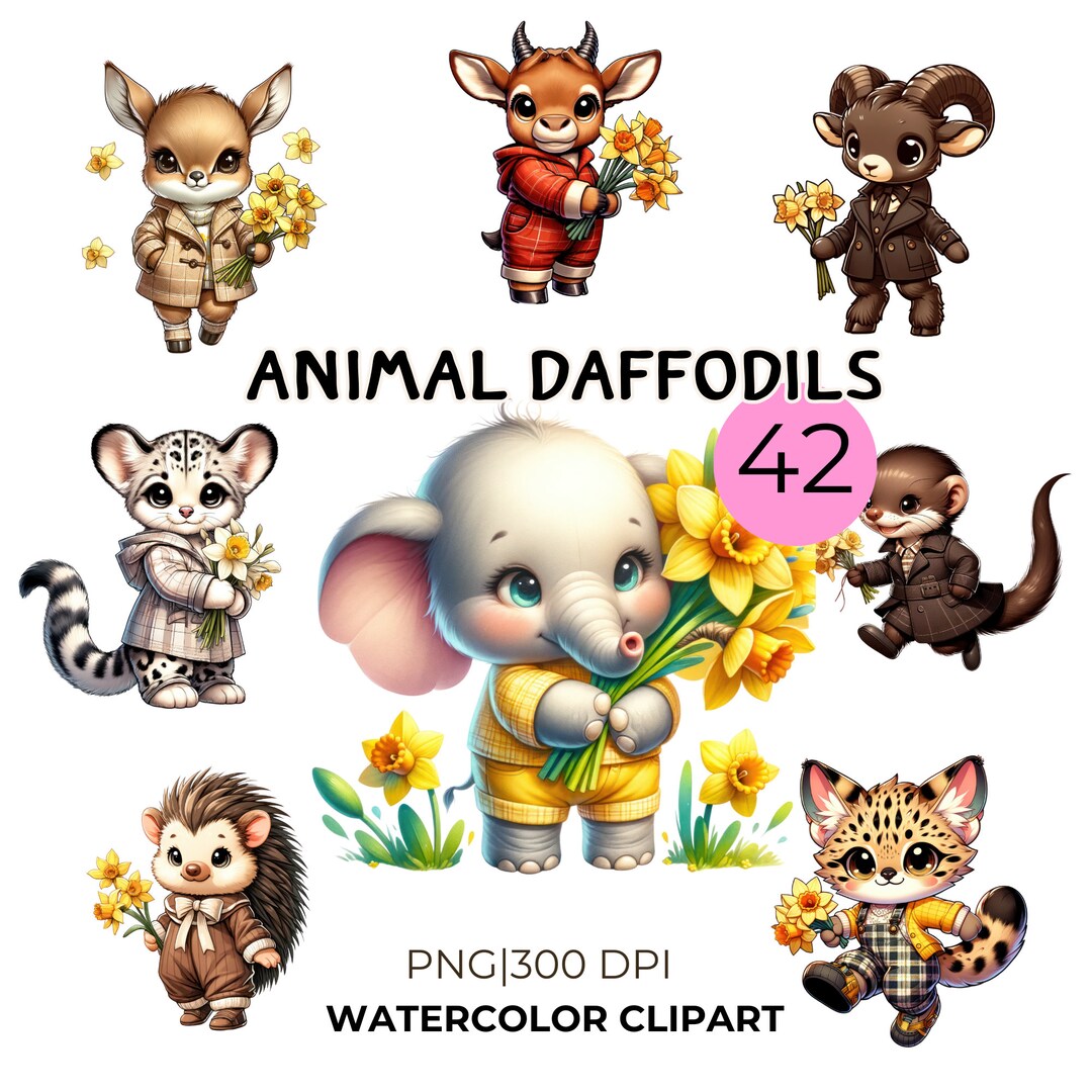 Animal Daffodils Watercolor Clipart Set - Cute Animal Pngs With Flowers ...