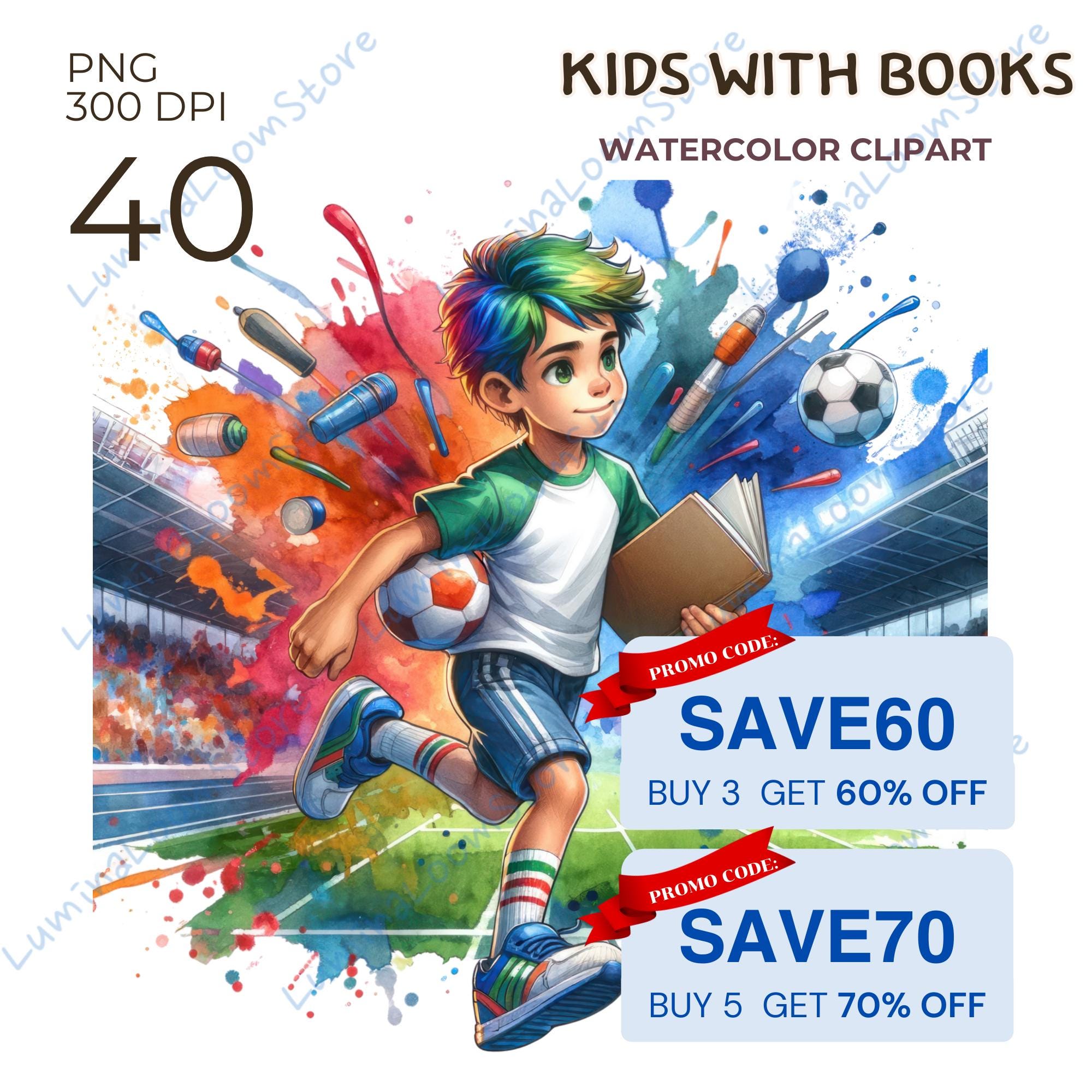 Kids With Books Watercolor Clipart - 40 PNG Files, 300 DPI | Digital ...