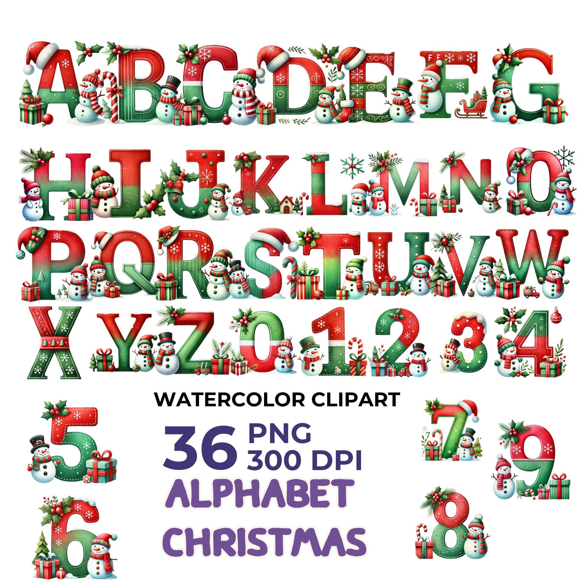 Christmas Alphabet Clipart | 36 PNG Watercolor Letters-numbers ...