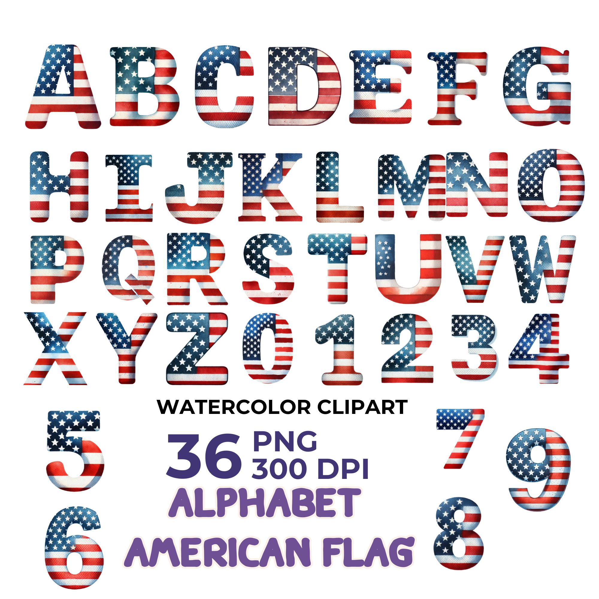 American Flag Alphabet Clipart, 36 PNG Digital Letters & Numbers ...