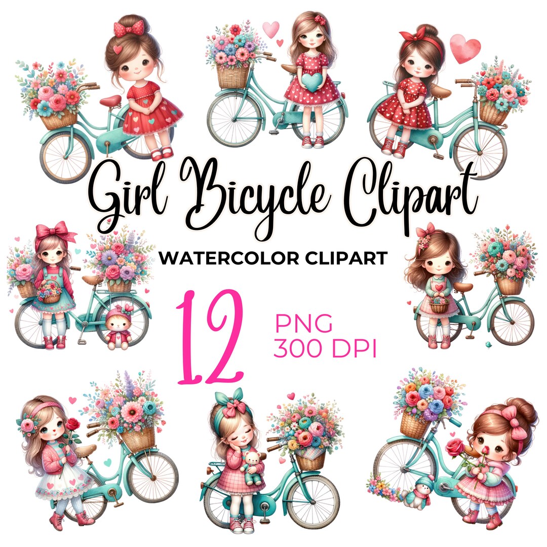 Girl Bicycle Watercolor Clipart - Cute Child and Bike PNG Illustrations ...