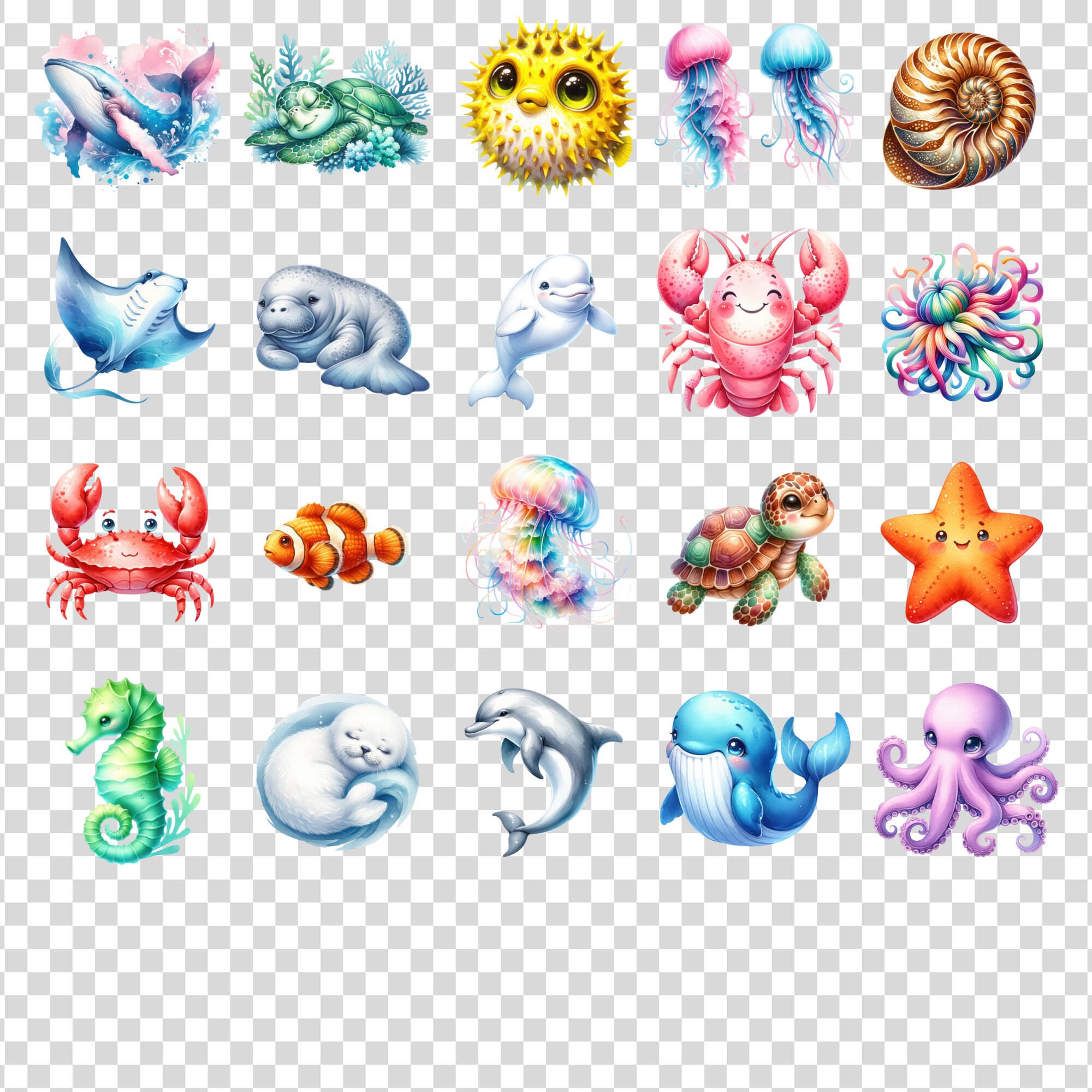 Under the Sea Watercolor Clipart Cute Aquatic Animals PNG Collection ...