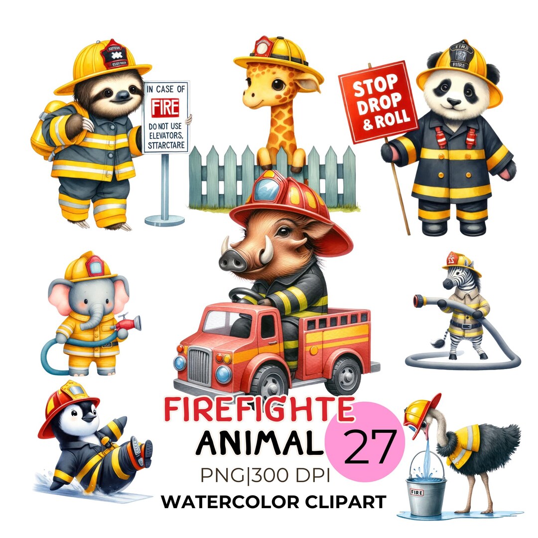 Firefighter Animal Clipart | Watercolor Firefighter PNG | Kids Fire ...