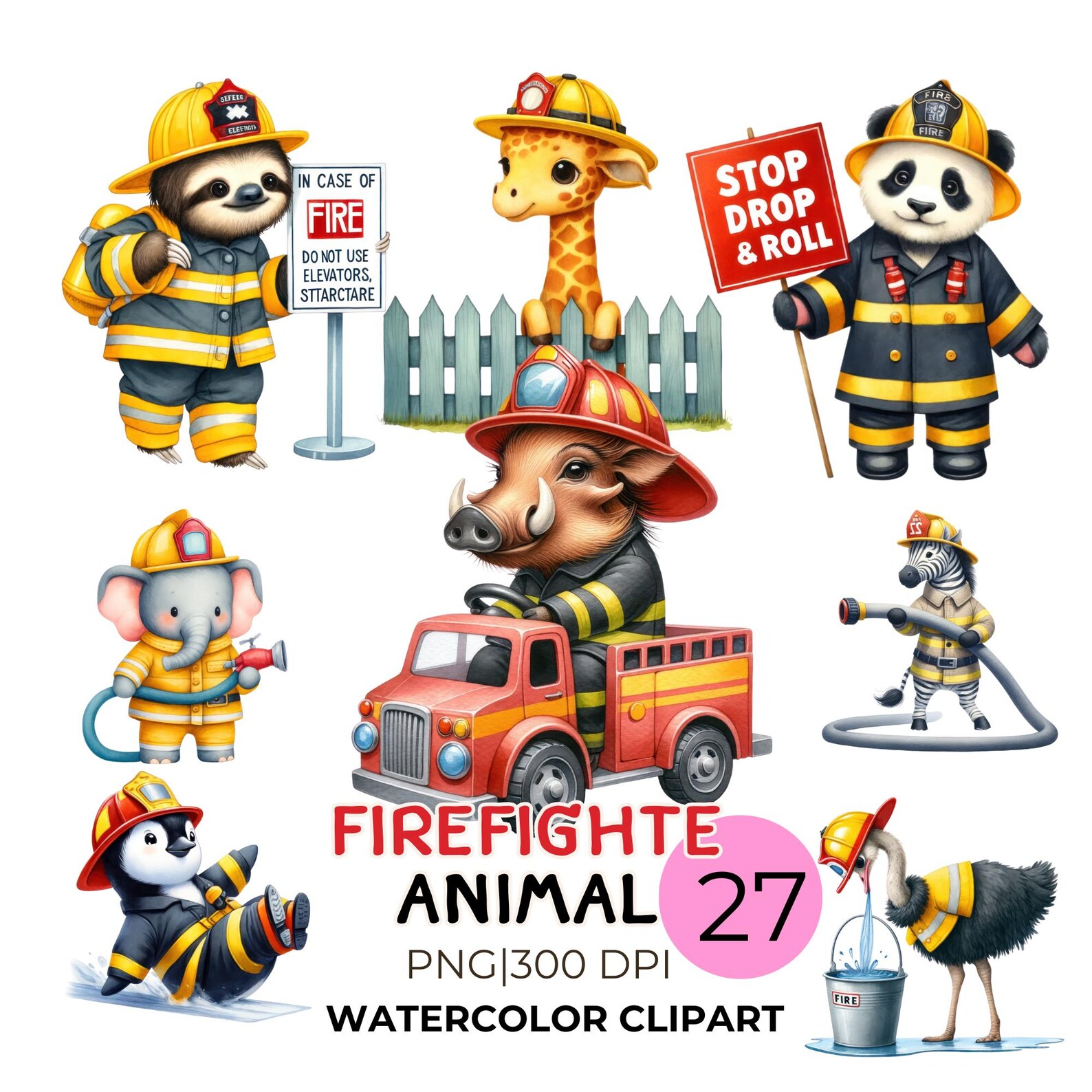 Firefighter Animal Clipart | Watercolor Firefighter PNG | Kids Fire ...