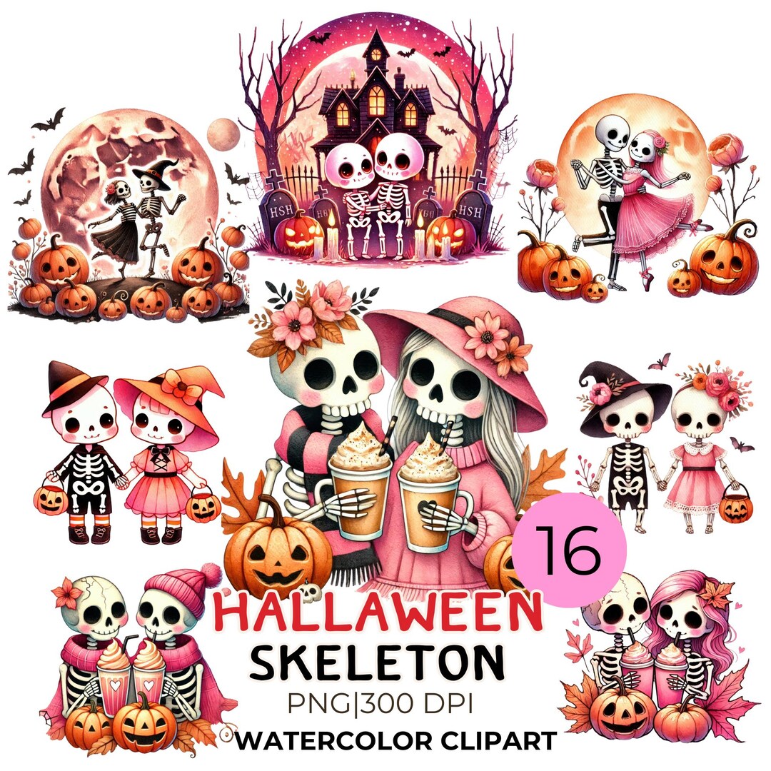 Halloween Skeleton Couple Clipart | Cute Watercolor Skeleton Art ...