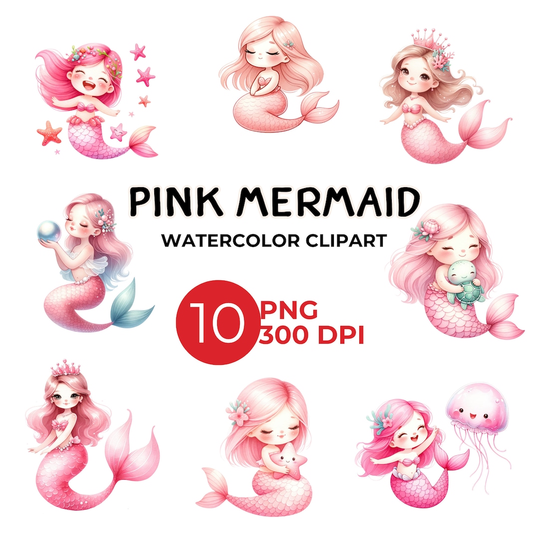 Pink Mermaid Watercolor Clipart - Cute Mermaid PNG Illustrations ...