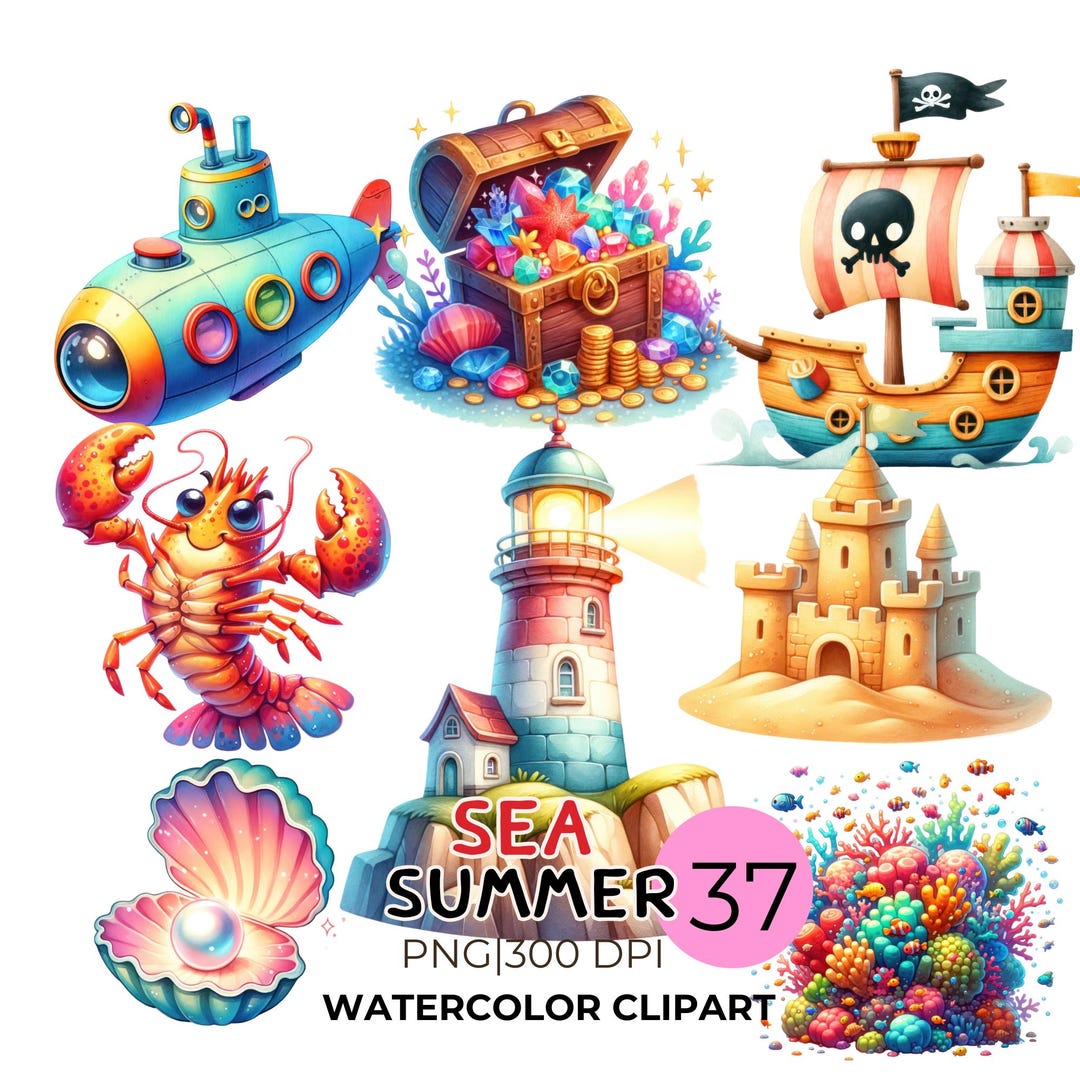 Sea Summer 37 Watercolor Clipart - Nautical Pirate Treasure, Submarine ...
