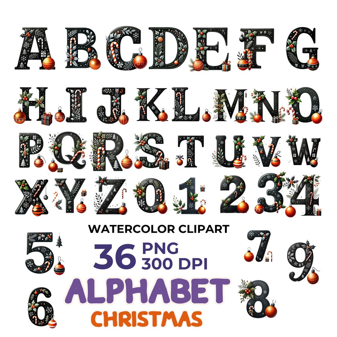 Christmas Alphabet Clipart | 36 PNG Watercolor Letters & Numbers ...