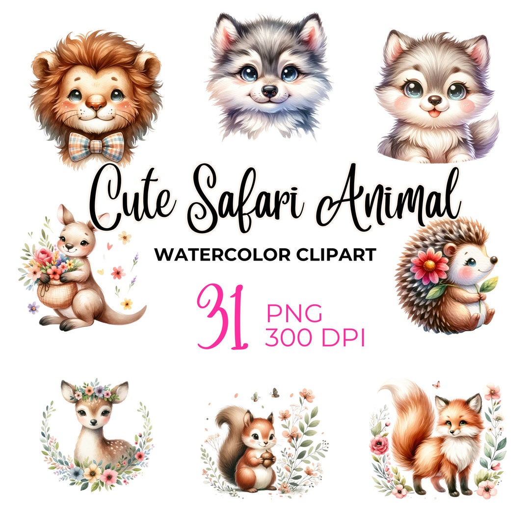 Watercolor Safari Animals Clipart Cute Forest Creatures PNG Files, 300 ...