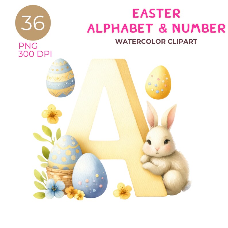 Easter Watercolor Alphabet & Numbers Clipart Set - 36 PNG Files With ...