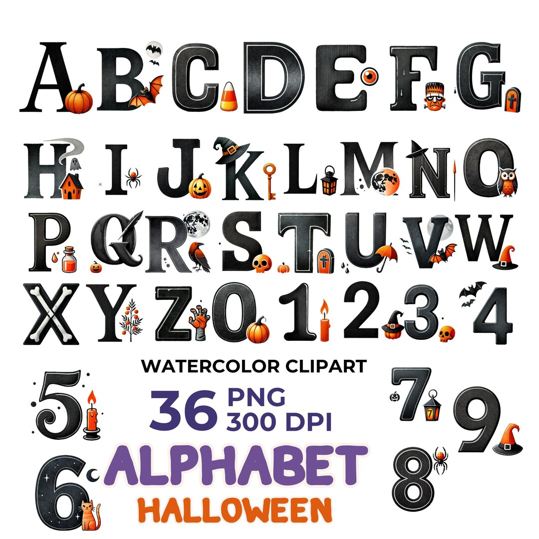 Halloween Alphabet Clipart, Watercolor Letters & Numbers Png,halloween ...