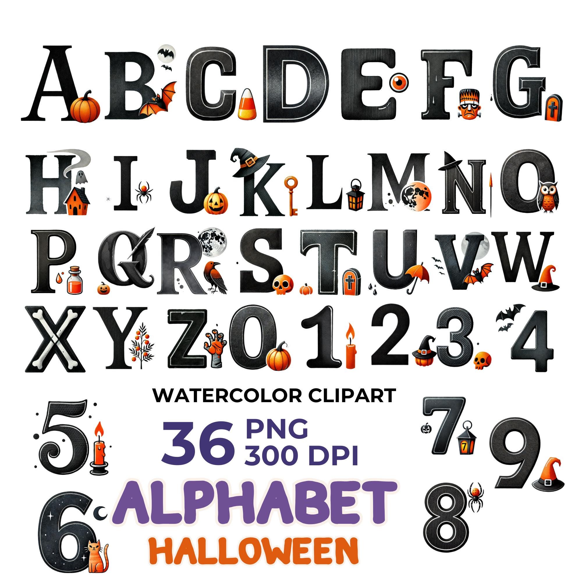 Halloween Alphabet Clipart, Watercolor Letters & Numbers Png,halloween ...