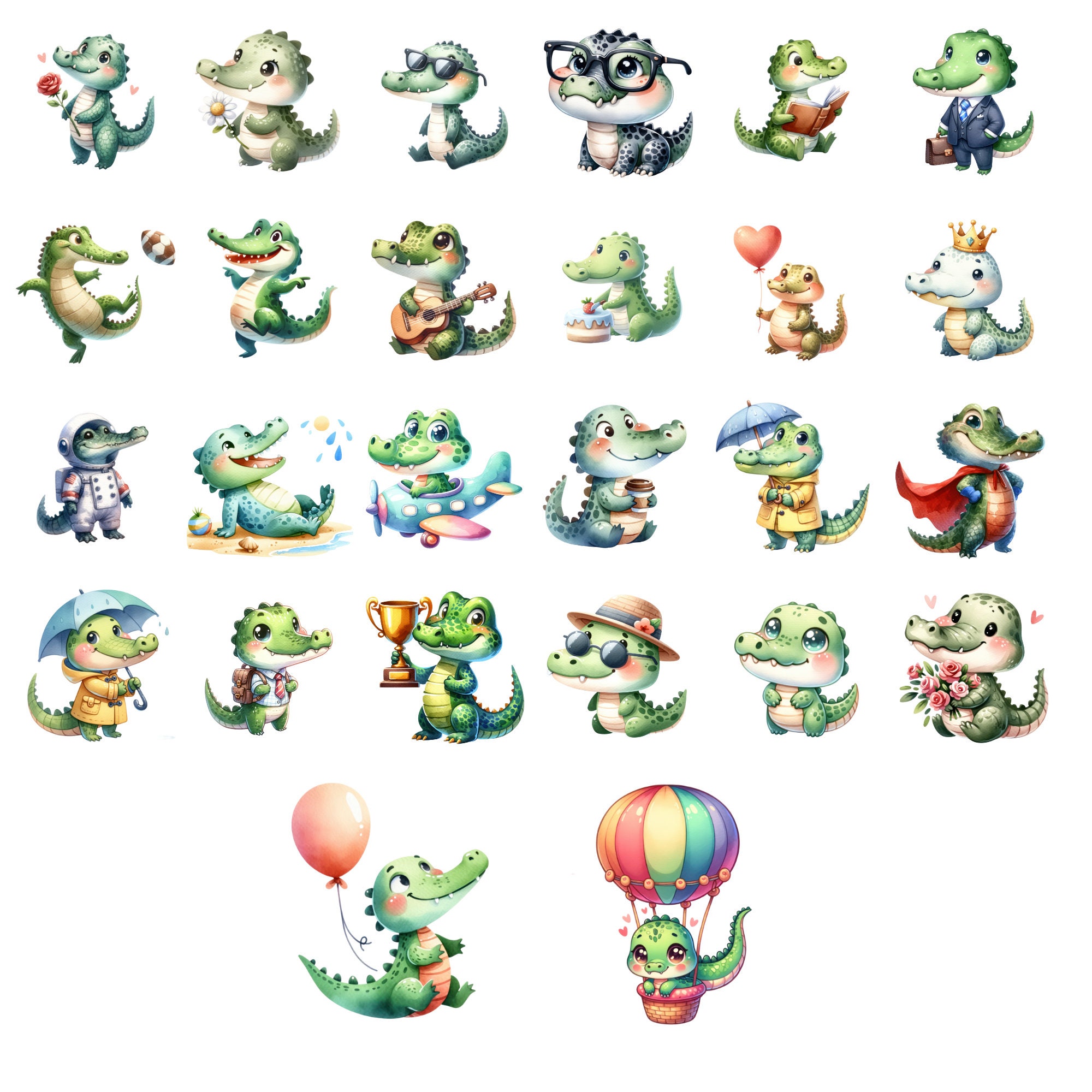 Adorable Alligator Watercolor Clipart Collection - 26 PNG Images for ...