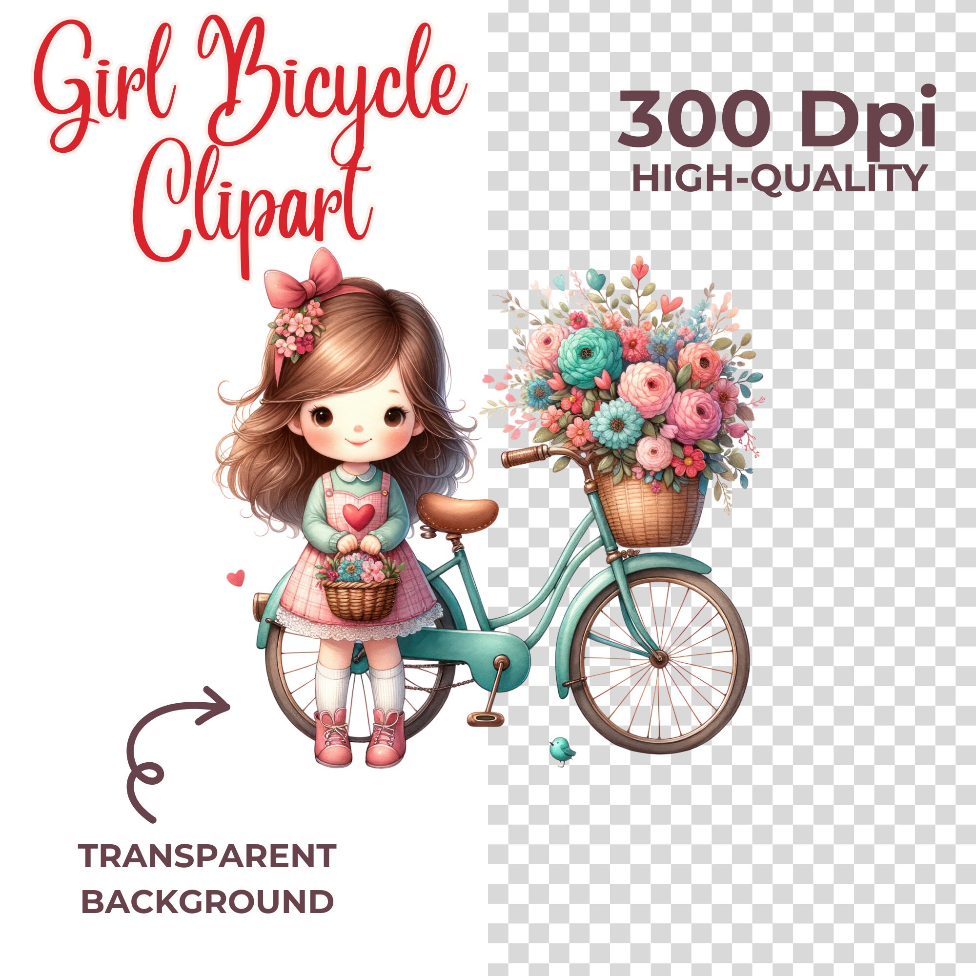 Girl Bicycle Watercolor Clipart Cute Child and Bike PNG Illustrations ...