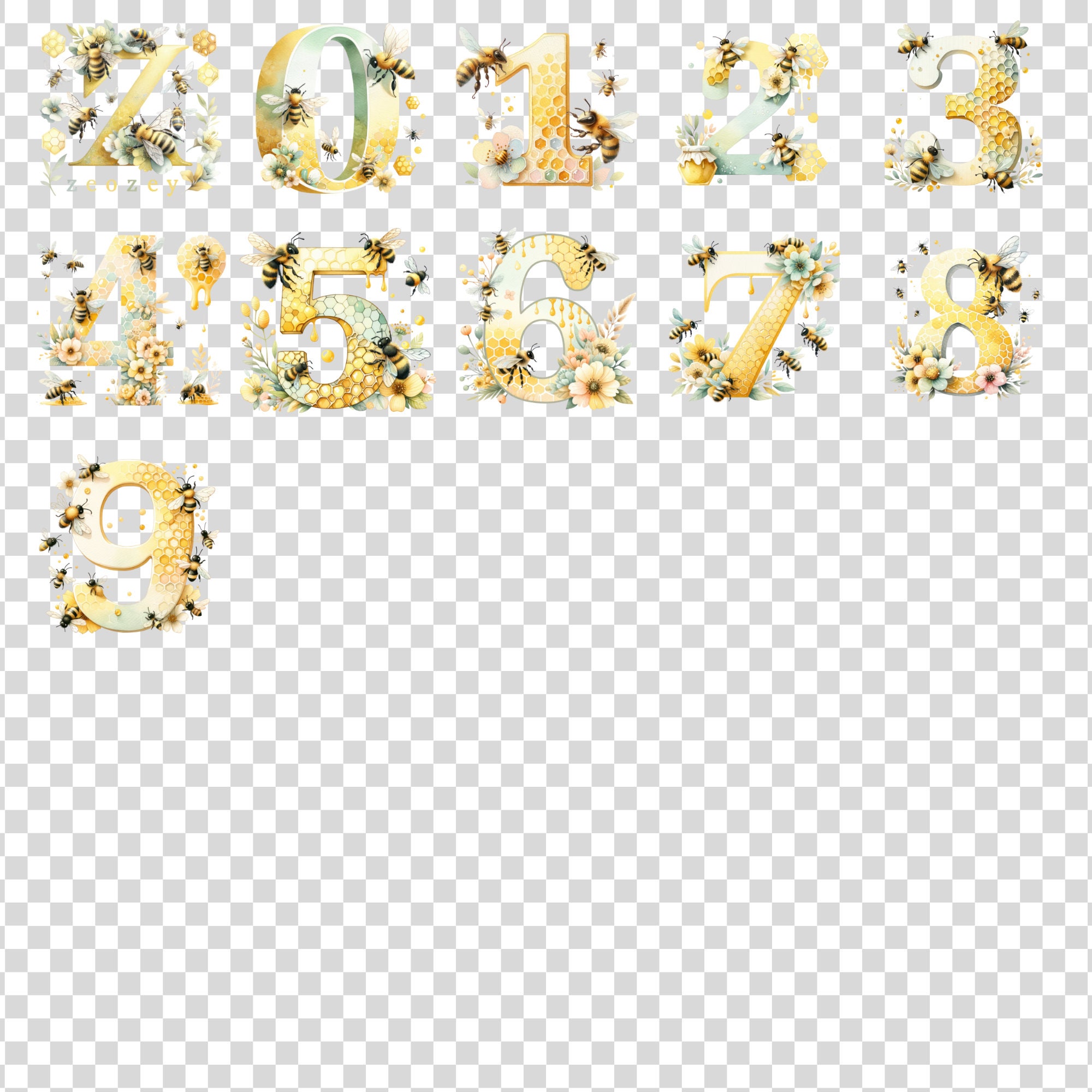 Bee-themed Alphabet and Numbers Clipart Set Watercolor ABC and 123 PNG ...