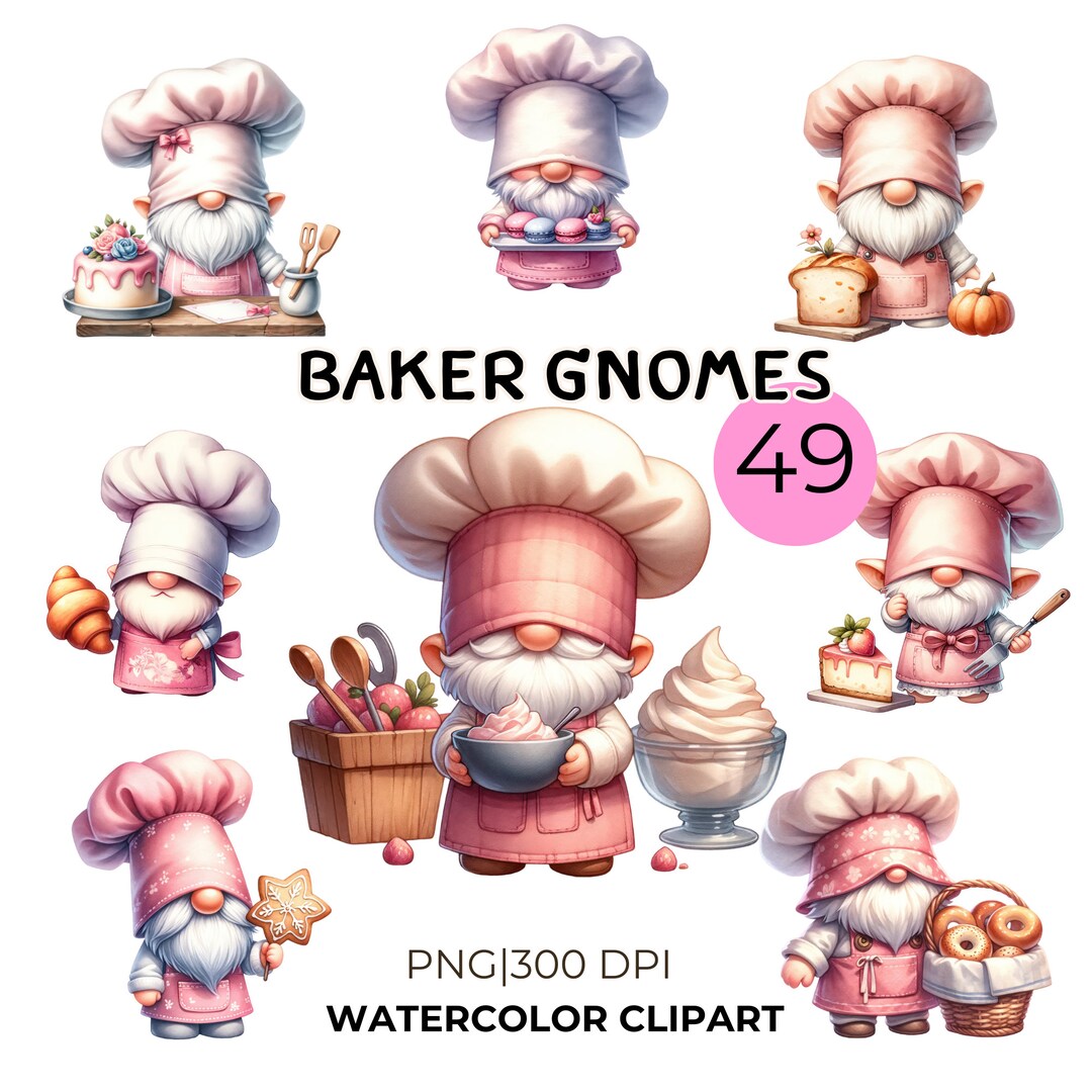 Baker Gnomes Watercolor Clipart Set - Cute Kitchen Gnomes, Chef Gnome ...