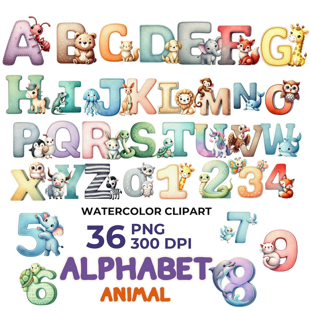 Animal Alphabet Watercolor Clipart - Cute Animal Letters & Numbers PNG ...