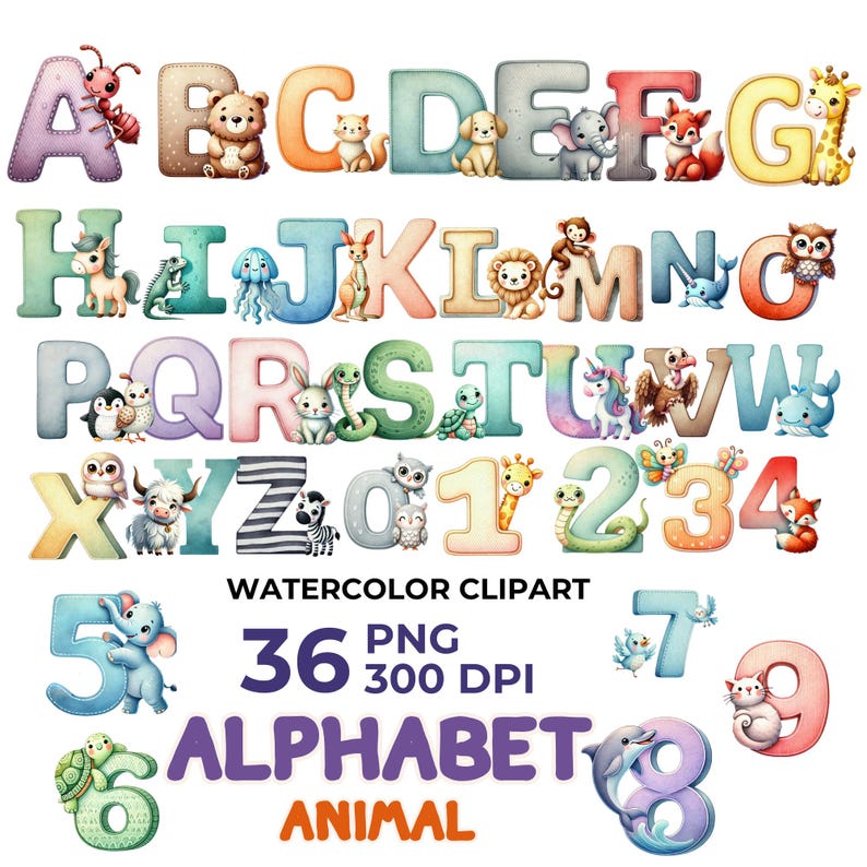 Animal Alphabet Watercolor Clipart - Cute Animal Letters & Numbers PNG ...