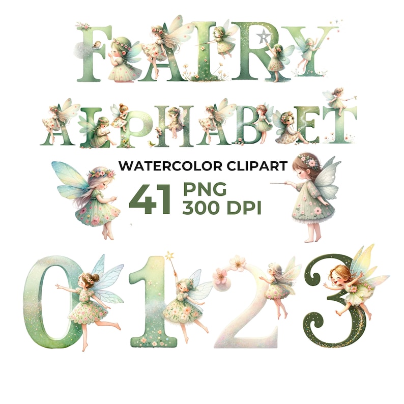 Fairy Alphabet & Numbers Clipart - 41 Watercolor PNG Files, Magical ...